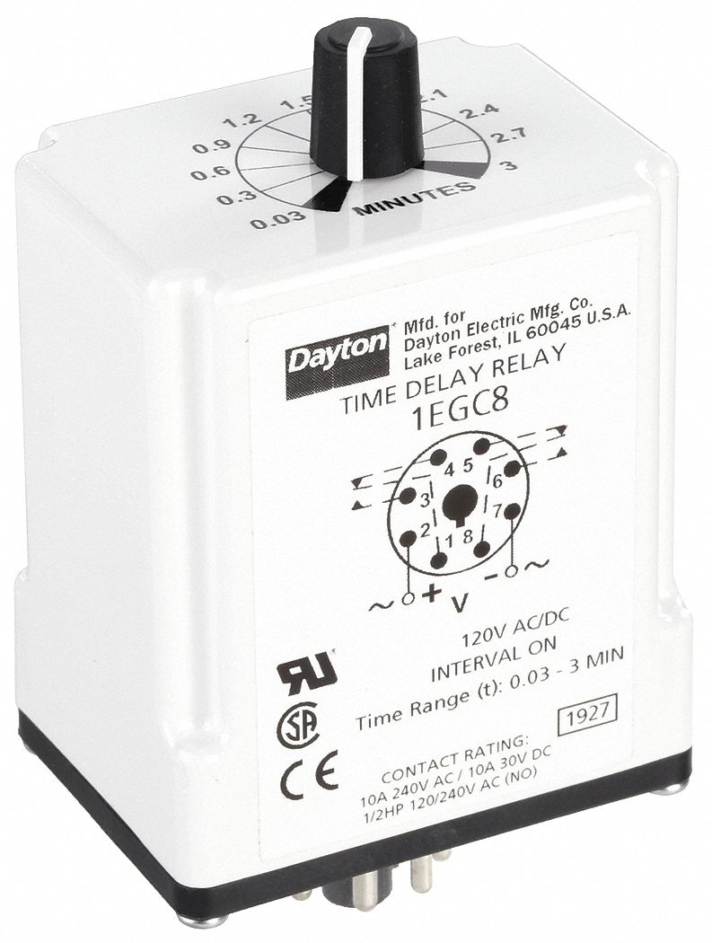 DAYTON, Socket Mounted, 120V AC/DC, Single Function Time Delay Relay ...