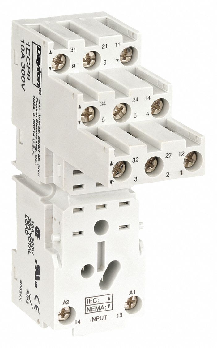 DAYTON, 10 A Rating, DIN-Rail & Surface Socket Mounting, Relay Socket ...