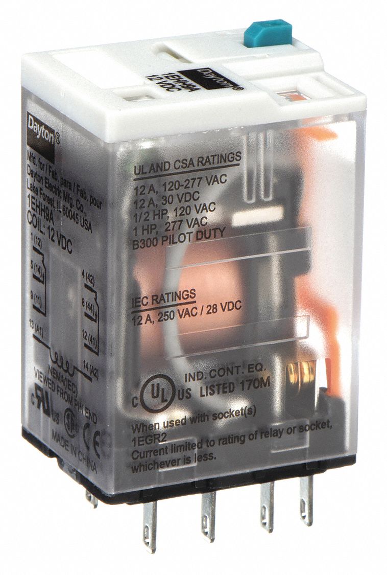 General Purpose Relay, 12V DC Coil Volts, 12A @ 277V AC Contact Rating ...
