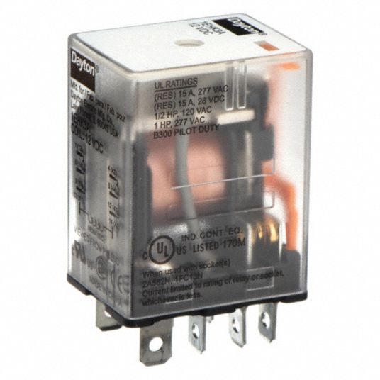 DAYTON General Purpose Relay, 12VDC Coil Volts, 15A @ 277V AC Contact Rating - Relay - 1EHK3 ...