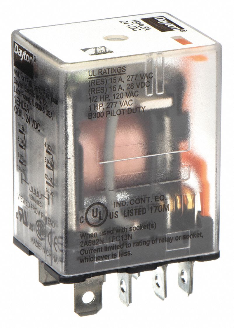 General Purpose Relay, 24V DC Coil Volts, 15A @ 277V AC Contact Rating - Relay - Grainger
