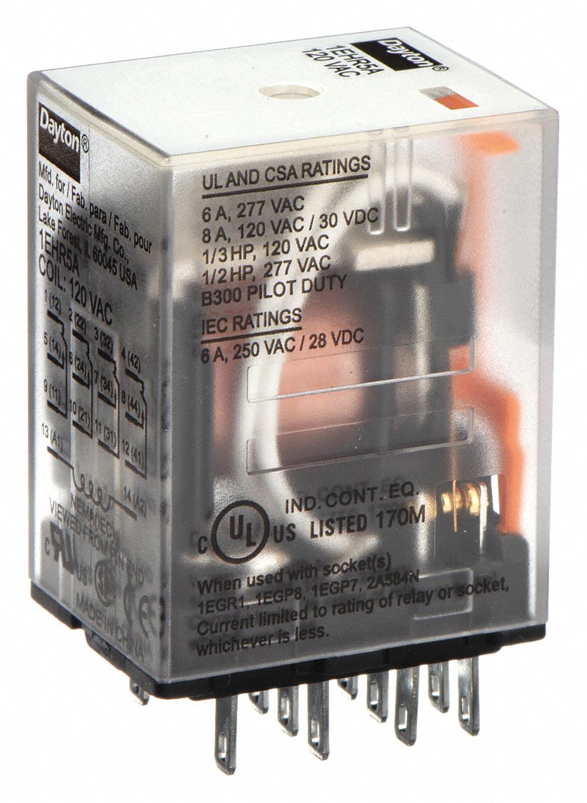 DAYTON 120VAC Coil Volts, Plug-In Relay, 6A @ 277VAC/8A @ 28VDC Contact ...