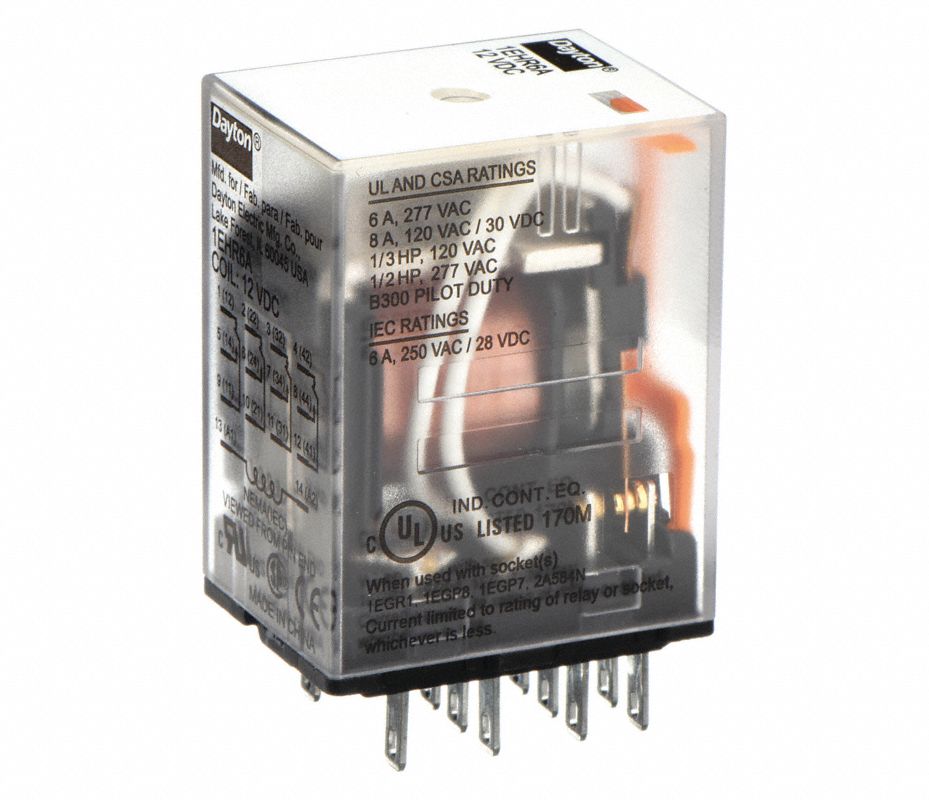 DAYTON Relevador, 12VCD, Cuadrado ,Uso General, 6A @ 277V - 1EHR6 ...