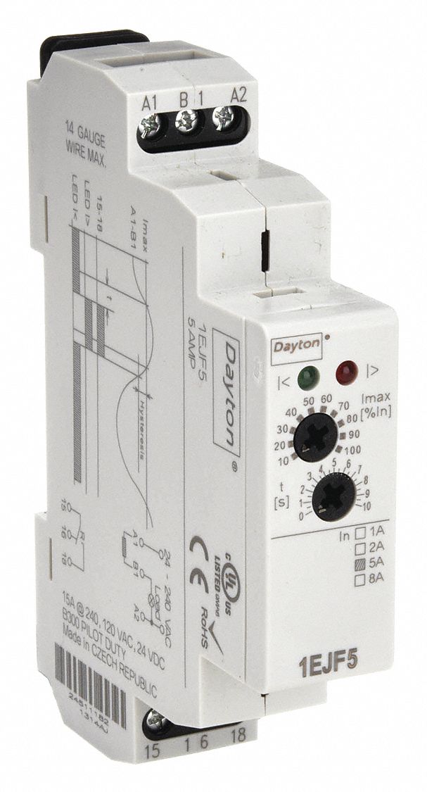 DAYTON, DIN-Rail Mounted, 15 A Current Rating, Adjustable Current ...