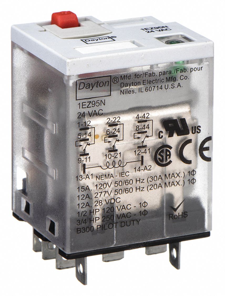 General Purpose Relay, 24V AC Coil Volts, 15A @ 277V AC Contact Rating - Relay - Grainger