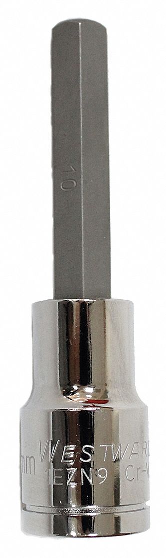 WESTWARD Socket Bit: 1/2 in Drive Size, Hex Tip, 10 mm Tip Size, 3 1/2 ...