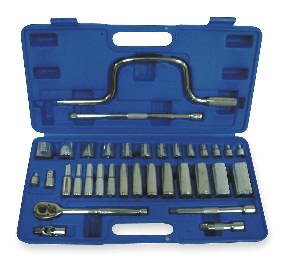 Socket Wrench Set, Socket Size Range 1/4 in to 1 in, Drive Size 3/8 in ...