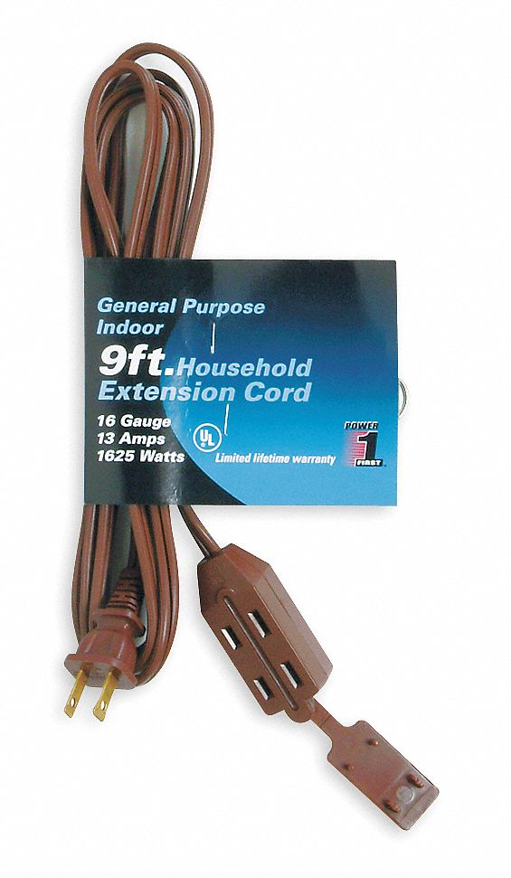 POWER FIRST Extension Cord: 9 ft Cord Lg, 16 AWG Wire Size, SPT-2, NEMA ...