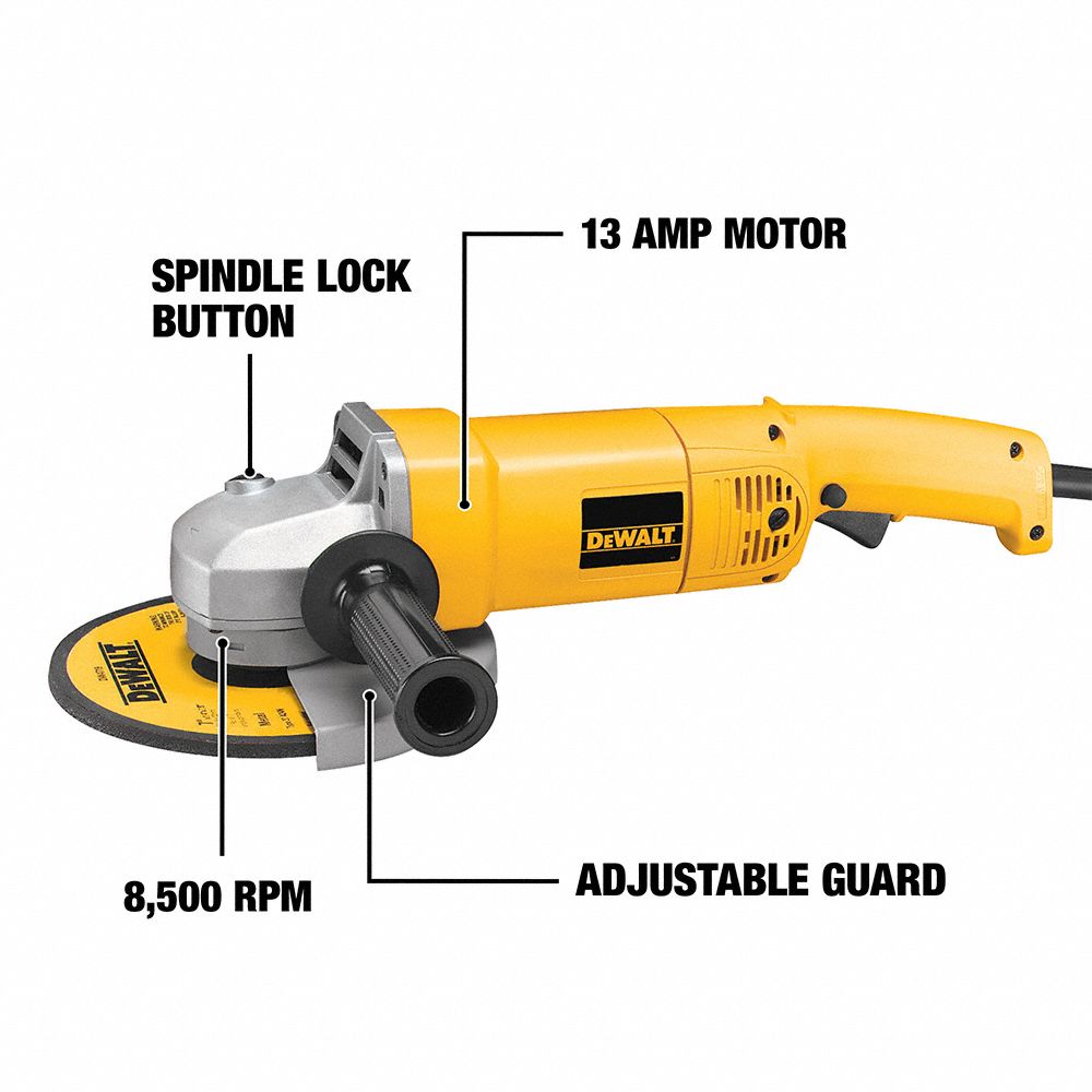 DEWALT Angle Grinder: 13 A, 8,500 RPM Max. Speed, Trigger, 7 in Wheel ...