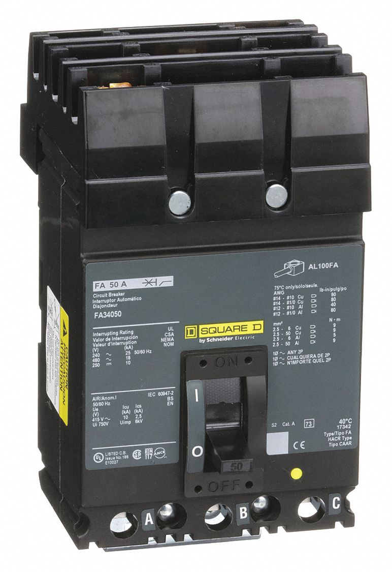 SQUARE D Circuit Breaker, 50 Amps, Number of Poles: 3, 480VAC AC Voltage Rating - 1H050|FA34050 ...