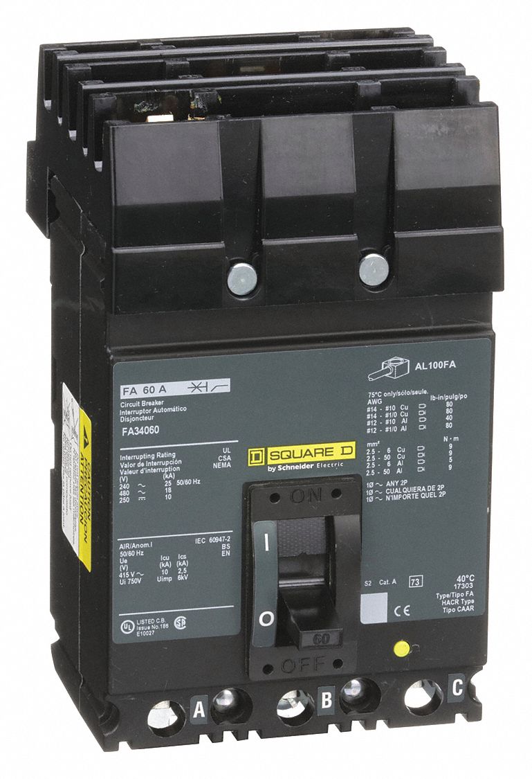 SQUARE D Circuit Breaker, 60 Amps, Number of Poles: 3, 480VAC AC Voltage Rating - 1H051|FA34060 ...