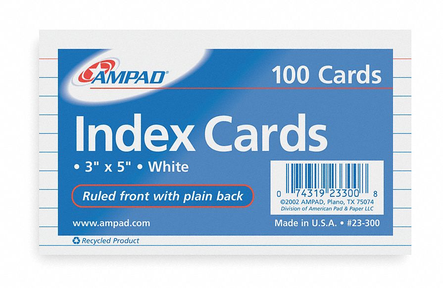 Index Cards, Card Size 3" x 5", Color White, Ruled, PK 100 - Grainger