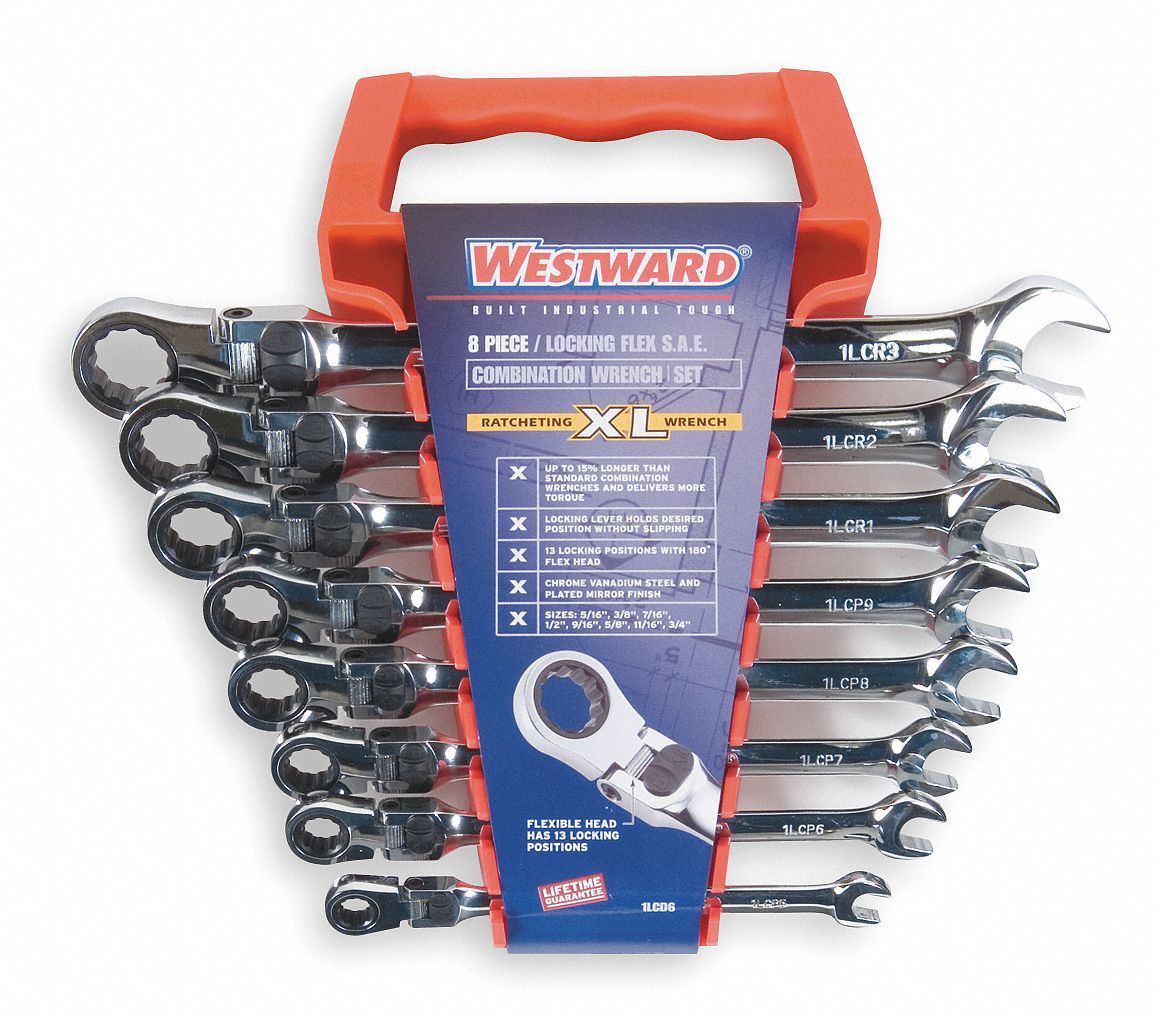 WESTWARD Combination Wrench Set: Alloy Steel, Chrome, 8 Tools, 5/16 in ...
