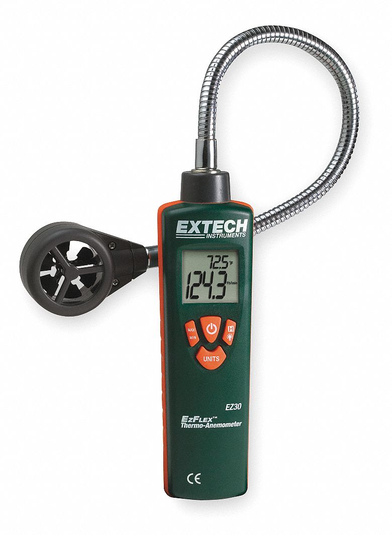 EXTECH Anemometer, 80 to 5900 Velocity (FPM), 0.4 to 30 Velocity (MPS ...