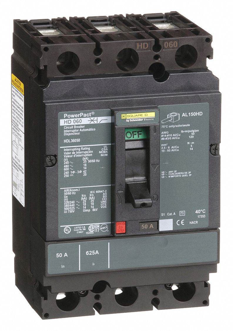 SQUARE D Molded Case Circuit Breaker, 50 A Amps, Number of Poles 3, Series HD, For Use With ...