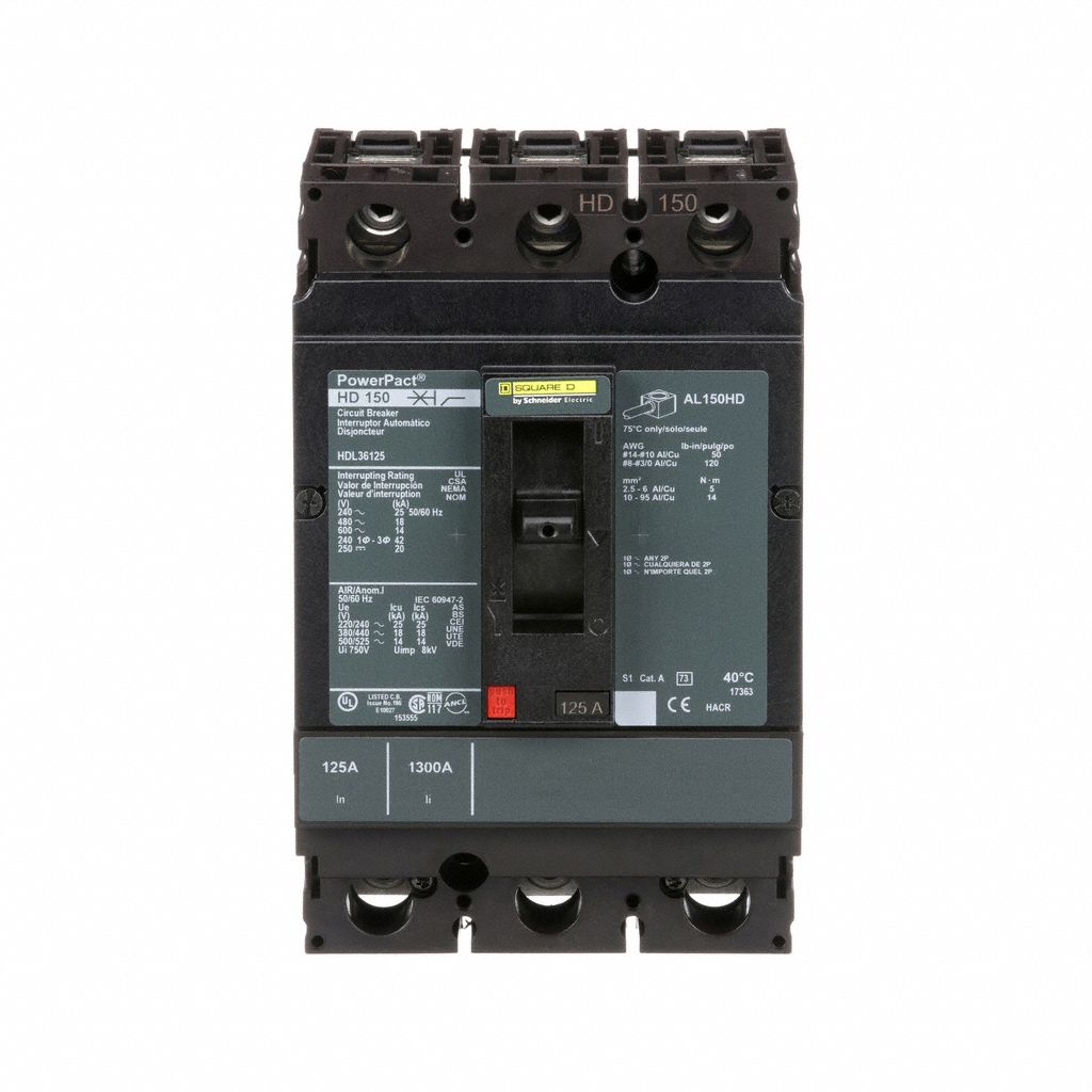 SQUARE D Molded Case Circuit Breaker: 125 A Amps, 25kA at 240V AC, Fixed, Line/Load Lug, ABC ...