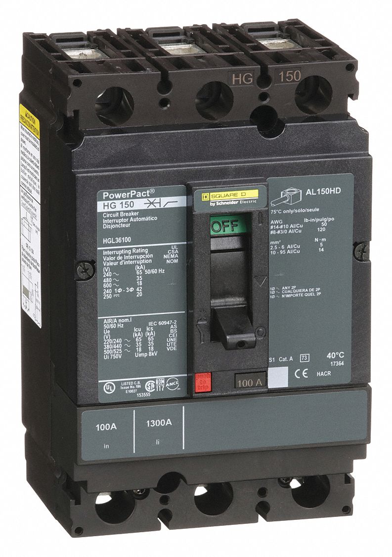 100 A Amps, 65kA at 240V AC, Molded Case Circuit Breaker - 1MAX1|HGL36100 - Grainger