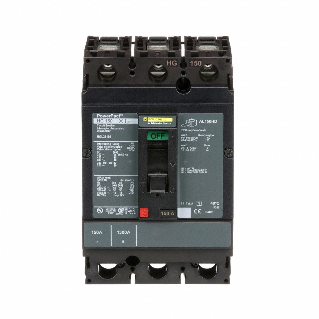 SQUARE D Molded Case Circuit Breaker: 150 A Amps, 65kA at 240V AC, Fixed, Line/Load Lug, ABC ...