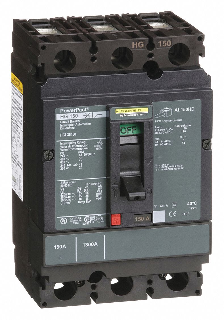150 A Amps, 65kA at 240V AC, Molded Case Circuit Breaker - 1MAX3|HGL36150 - Grainger