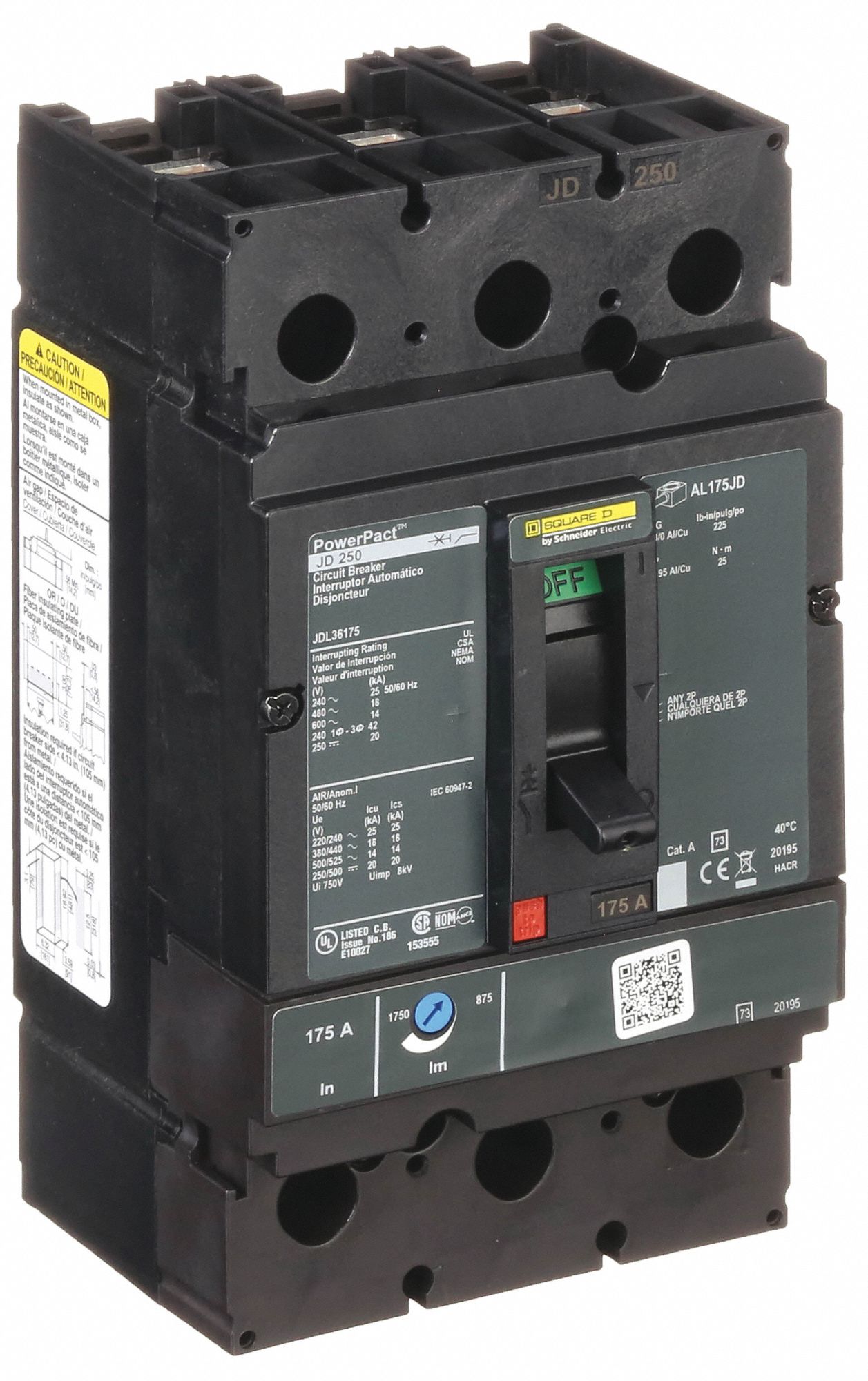 175 A Amps, 25kA at 240V AC, Molded Case Circuit Breaker - 1MAZ6|JDL36175 - Grainger