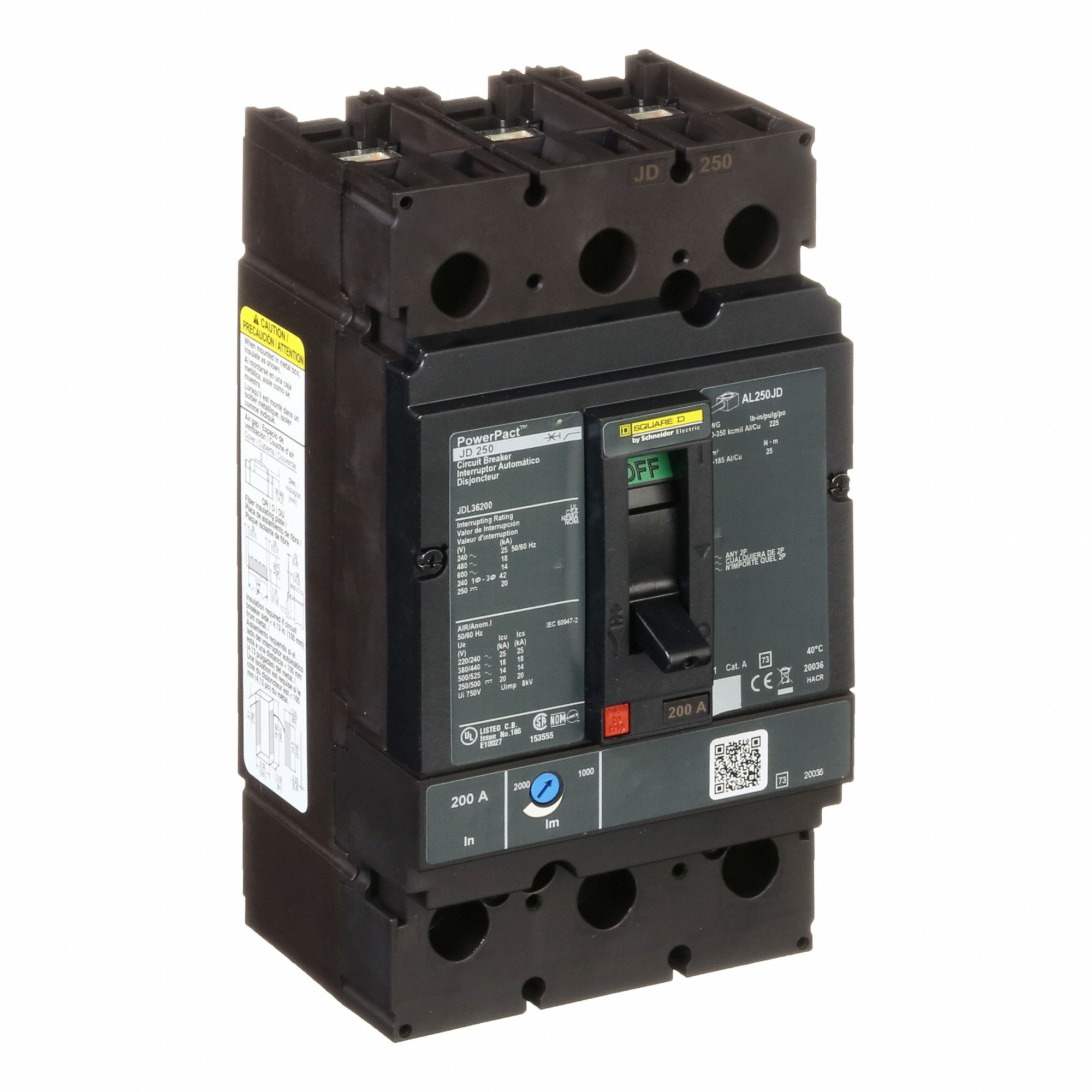 200 A Amps, 25kA at 240V AC, Molded Case Circuit Breaker - 1MAZ7|JDL36200 - Grainger
