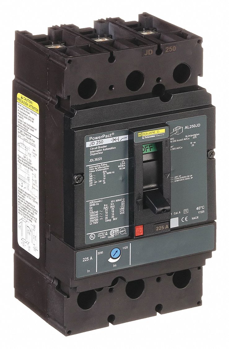 SQUARE D MOLDED CASE CIRCUIT BREAKER, 225 AMPS, 25KA AT 240V AC, ADJ, LINE/LOAD LUG, ABC, 3 ...