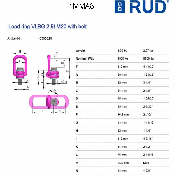 RUD CHAIN Bolt-On Hoist Ring, M20 x 2.5 Thread Size, 5500 lb Working ...