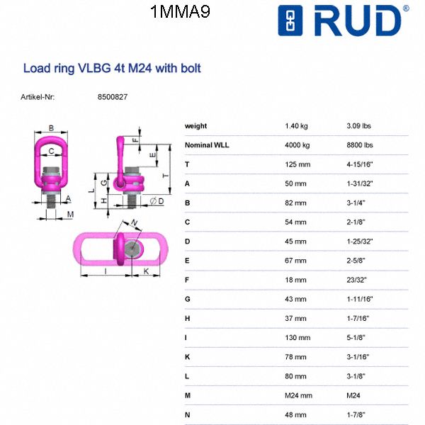 RUD CHAIN Bolt-On Hoist Ring, M24 x 3 Thread Size, 8818 lb Working Load ...