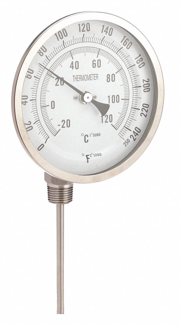 APPROVED VENDOR DIAL THERMOMETER, 6 IN STEM L, 5 IN DIAL DIAMETER, 250 ...