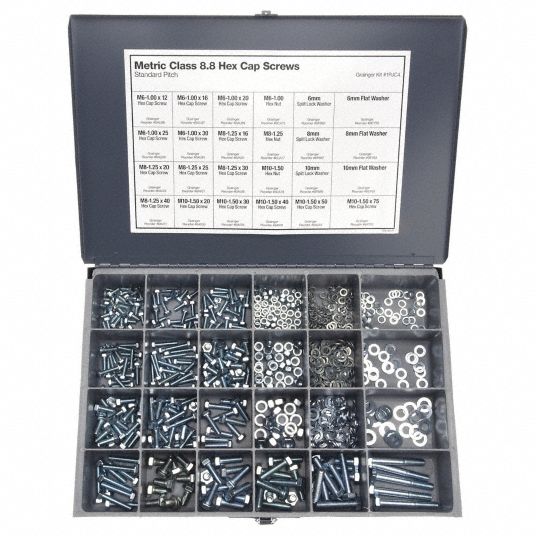 Steel, Metric, Hex Head Cap Screw, Nut, and Washer Assortment - 1PJC4 ...