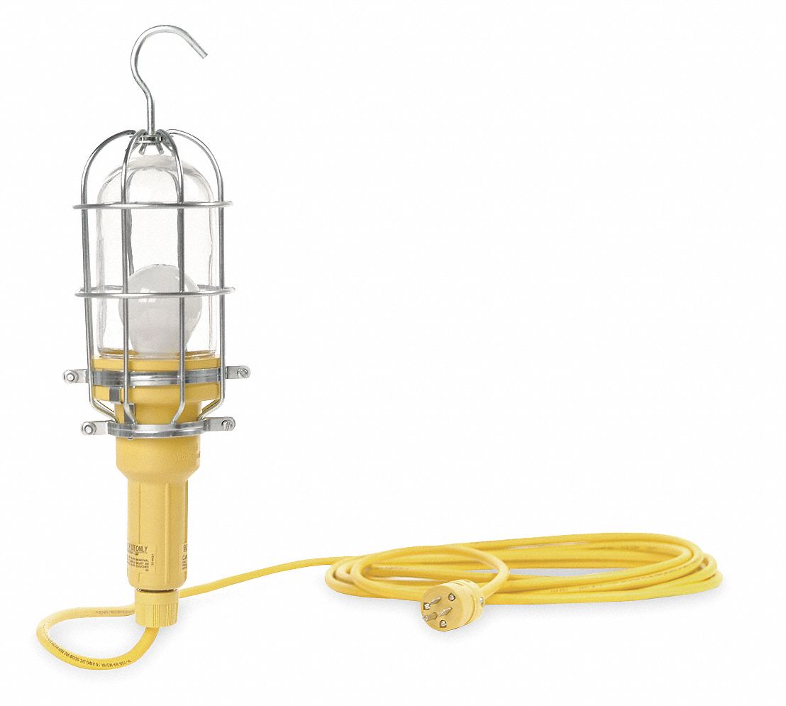 Incandescent Hand Lamp, 100 Lamp Watts, 50 ft Cord Length, Yellow ...
