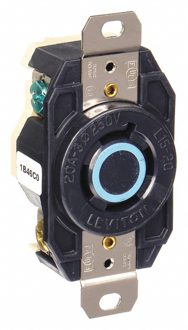 Black Locking Receptacle, 20 Amps, 240V AC Voltage, NEMA Configuration ...