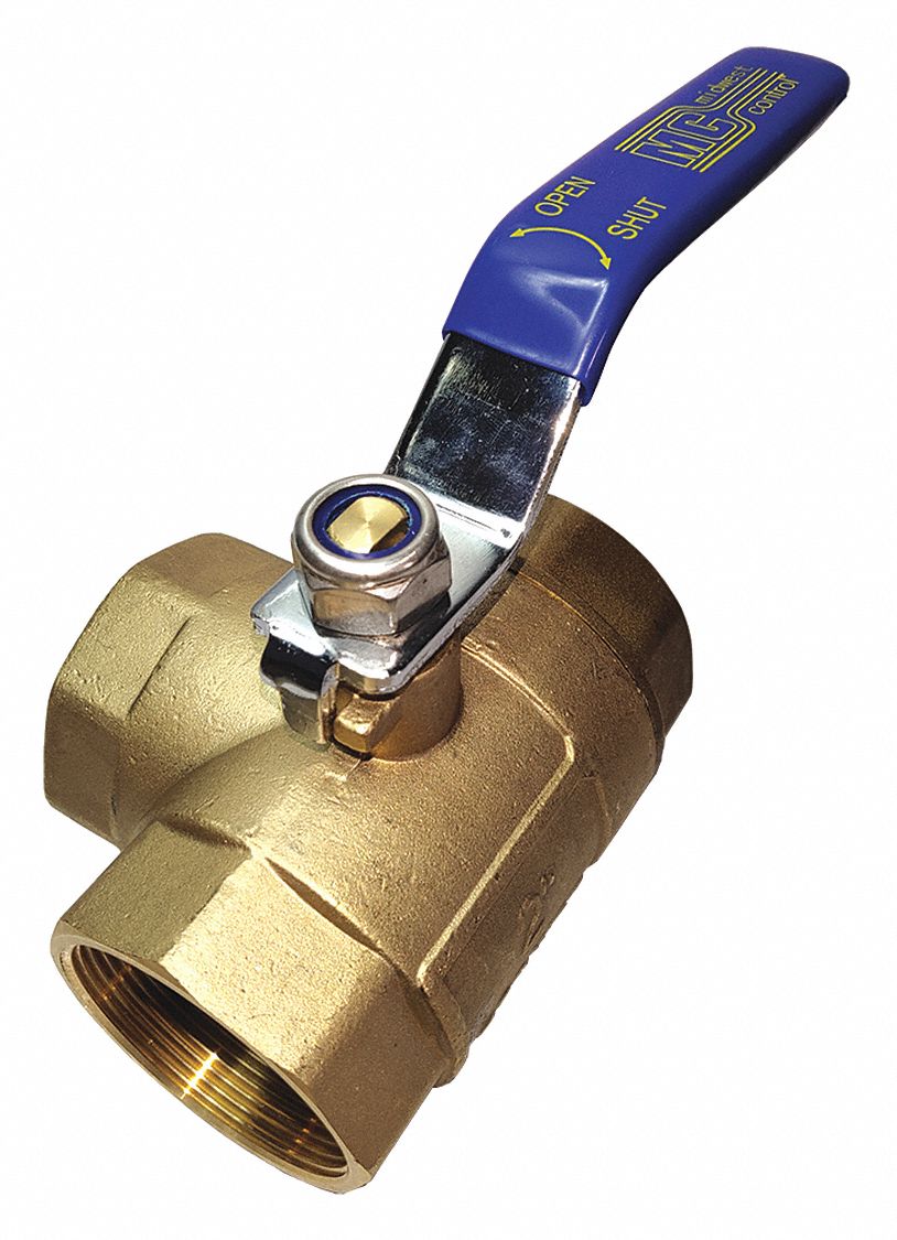 Ball Valve, Brass, 3-Way, 2-Piece, Pipe Size 1 1/4 in, Connection Type ...