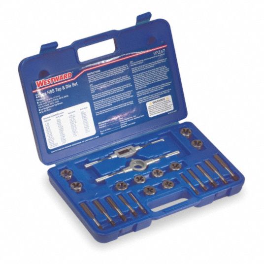 WESTWARD Tap and Die Set: 22 Pieces, 1/4"-20 Min. Tap Thread Size, 1/2 ...