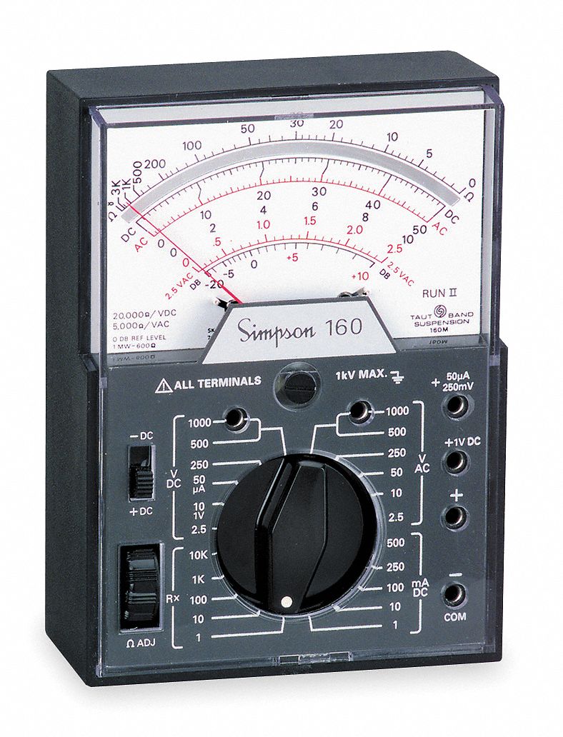Analog Multimeter, Max. AC Volts 1000, Max. DC Volts 1000, Max. DC Amps ...