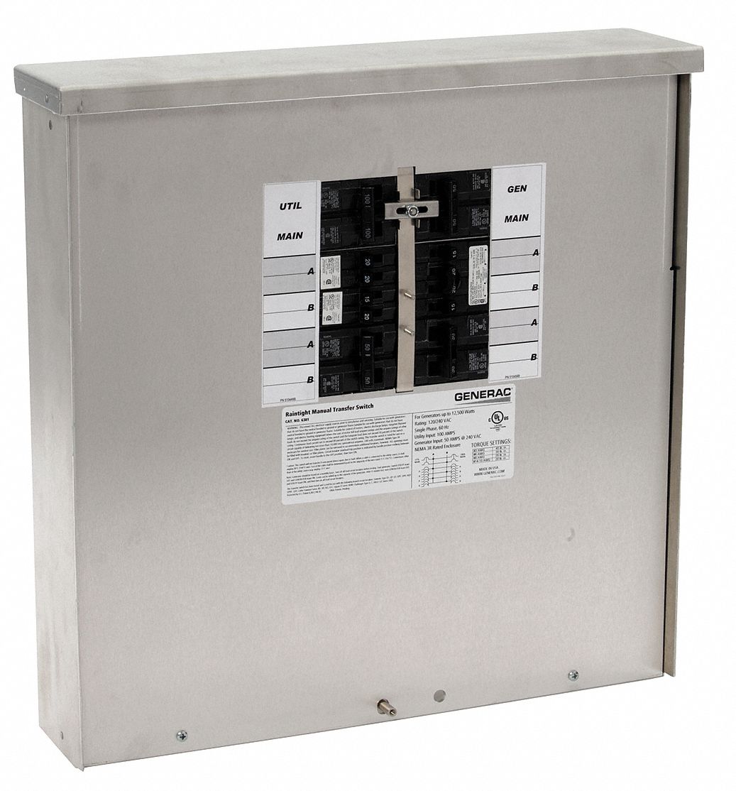 GENERAC Manual Transfer Switch, 50A, 125/250V - 1TGK8|6381 - Grainger