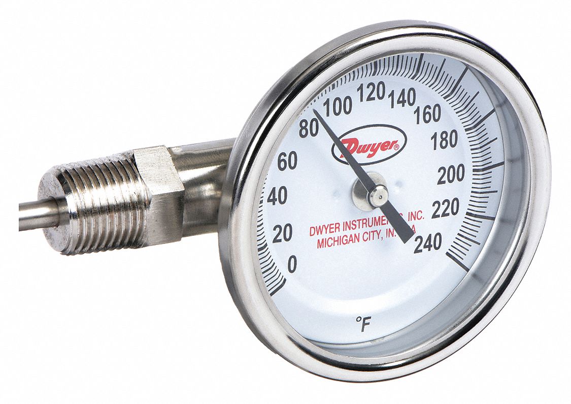 DWYER, 0°F to 240°F, +/- 2% FS Accuracy, Side-Reading Dial Thermometer ...
