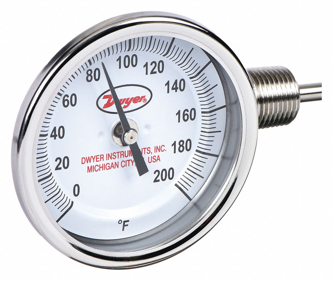 DWYER, 0°F to 200°F, +/- 2% FS Accuracy, Side-Reading Dial Thermometer ...