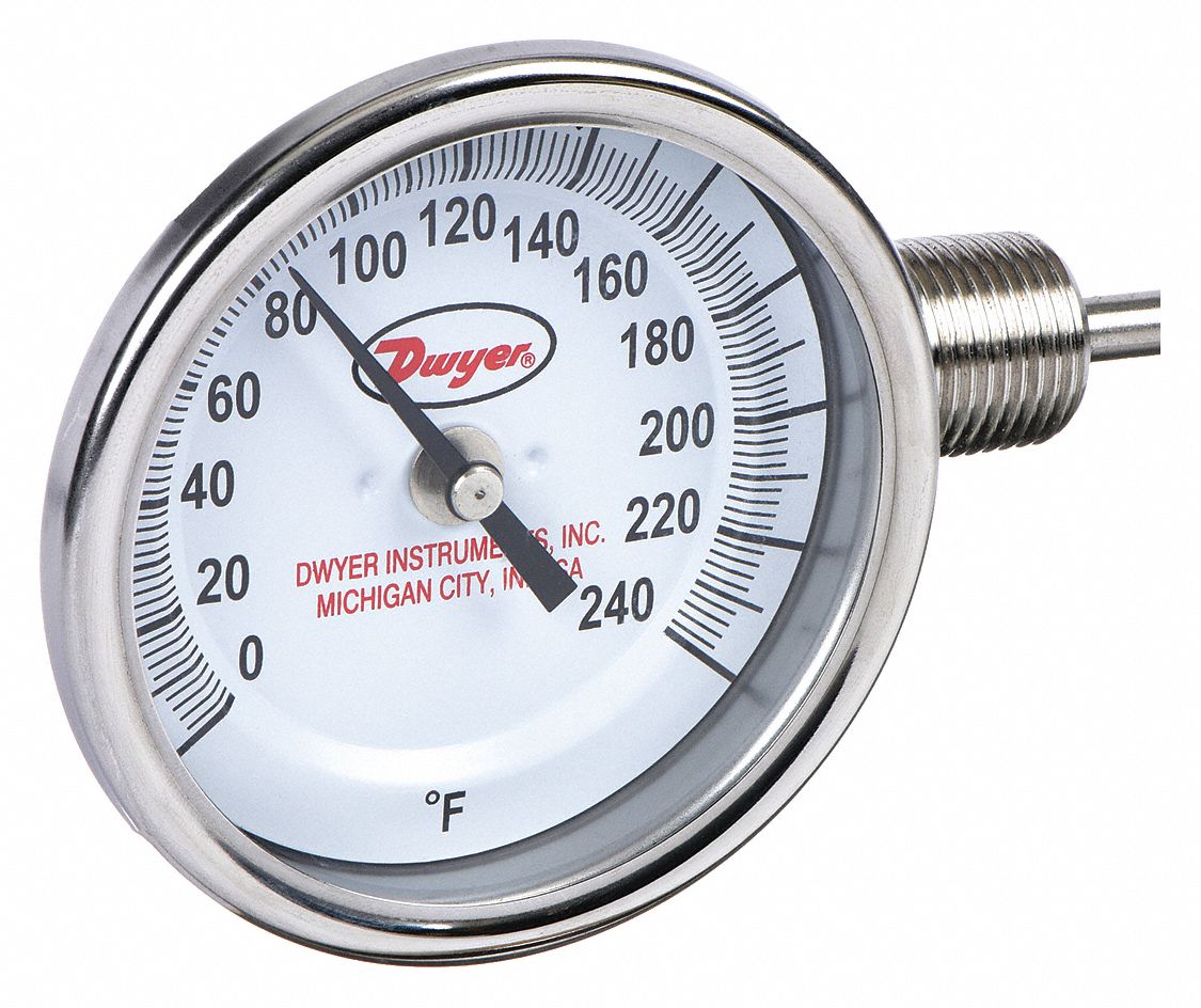 DWYER, 0°F to 240°F, +/- 2% FS Accuracy, Side-Reading Dial Thermometer ...