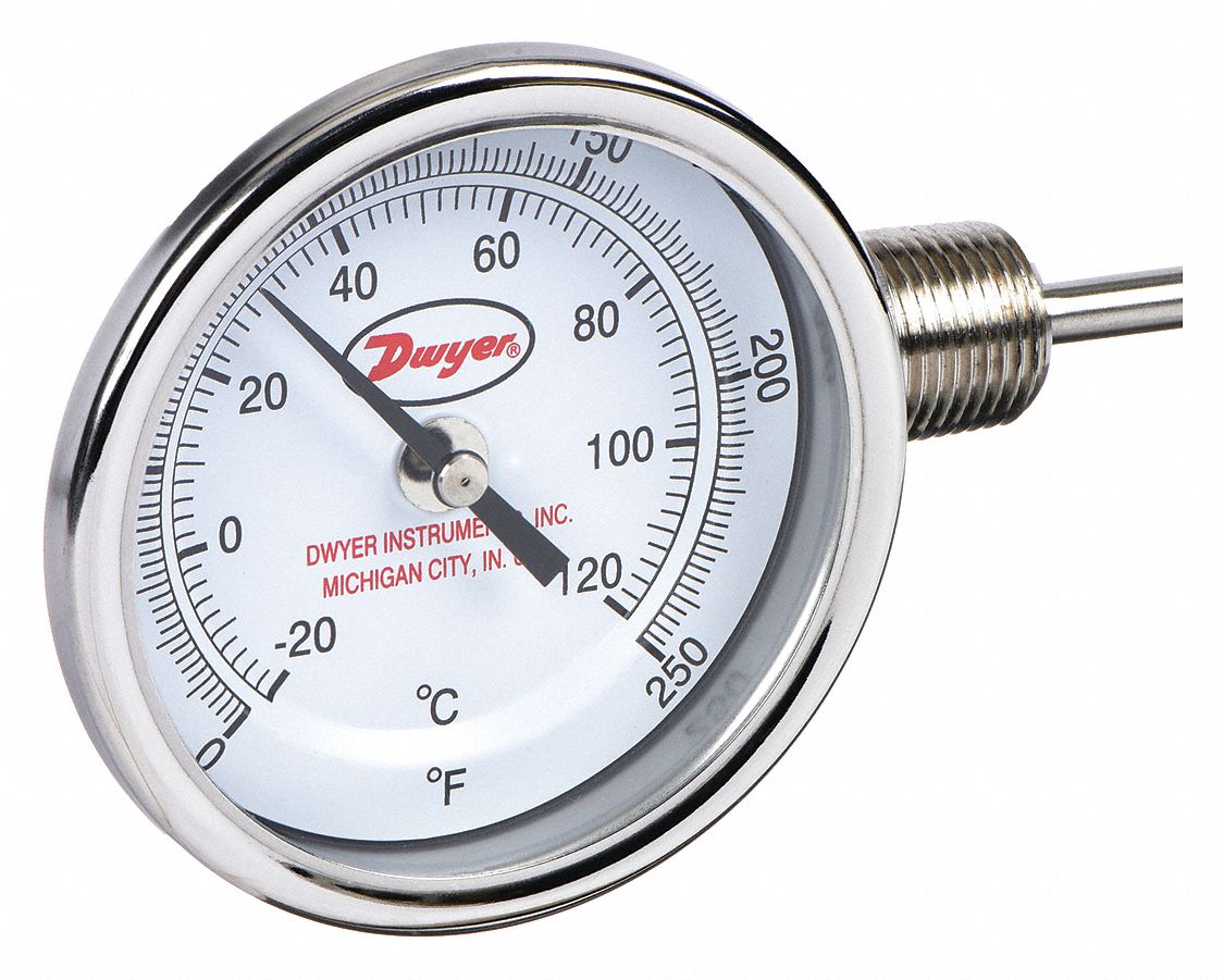 DWYER, 0°F to 250°F /-20°C to 120°C, +/- 2% FS Accuracy, Side-Reading ...