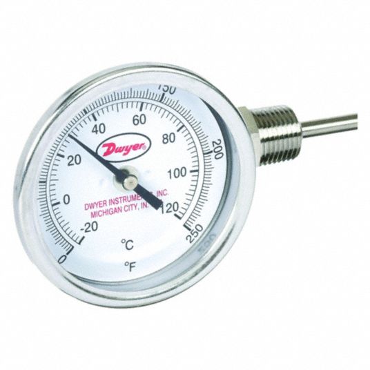 DWYER, 0°F to 250°F /-20°C to 120°C, +/- 2% FS Accuracy, Side-Reading ...