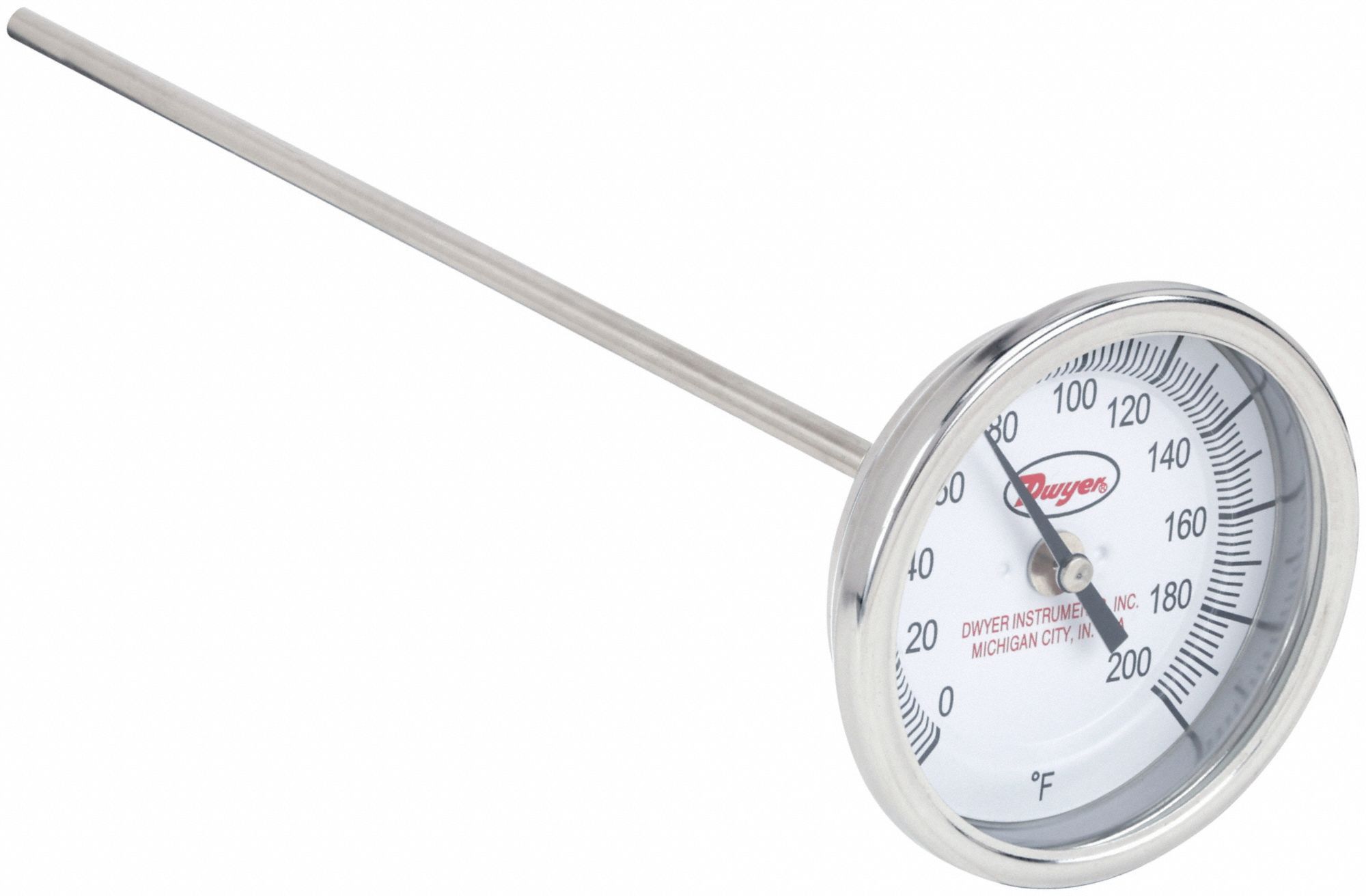 DWYER Long Reach Dial Thermometer: Back, 0° to 200°F, 1/2 in NPT, 3 in Dial Dia, 12 in Stem Lg ...