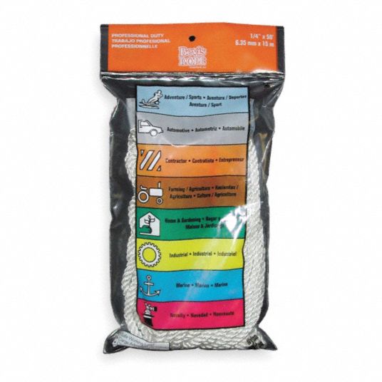1/2 in dia. Nylon All Purpose Rigging Rope, White, 50 ft - Grainger