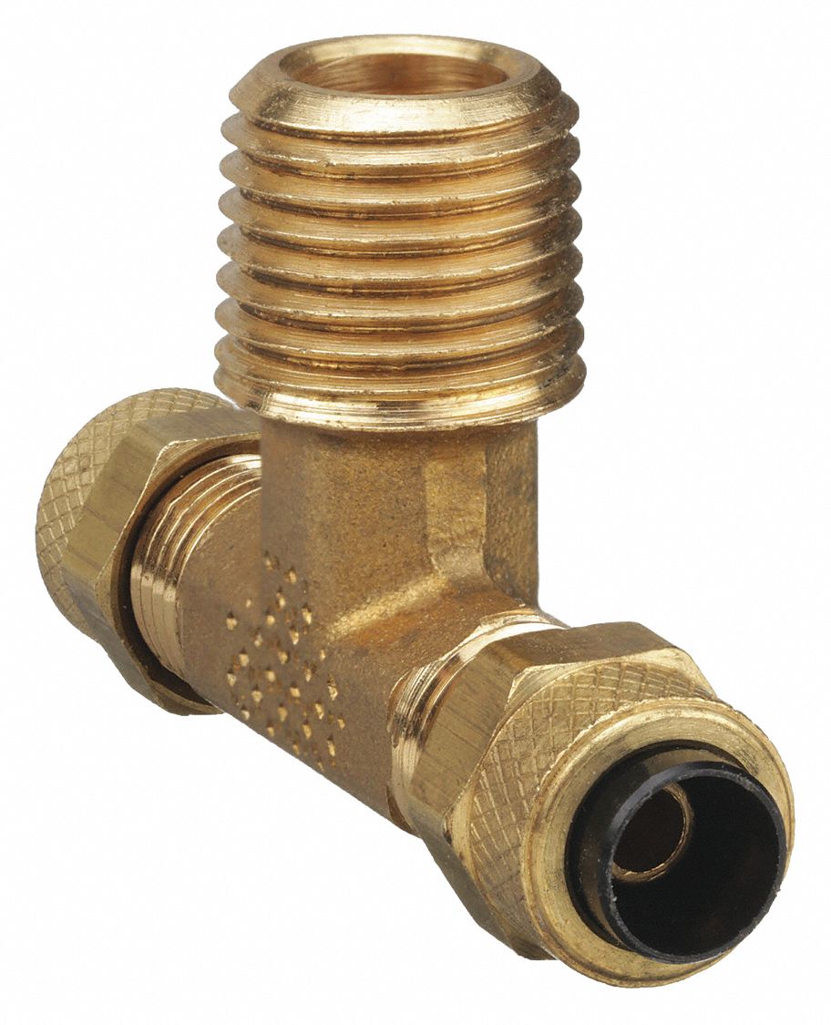 PARKER, 1/4 in OD x 1/4 in OD x 1/4 in Pipe Fitting Size, Brass ...