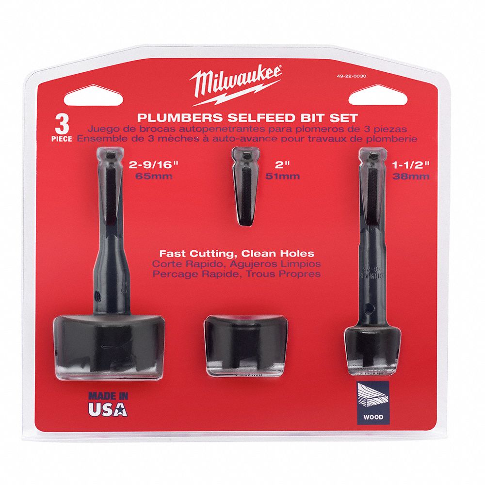 MILWAUKEE, Hex, 6 5/8 in Overall Lg, Plumber Self Feed Drill Bit Set ... MILWAUKEE, Hex, 6 5/8 in Overall Lg, Plumber Self Feed Drill Bit Set ...