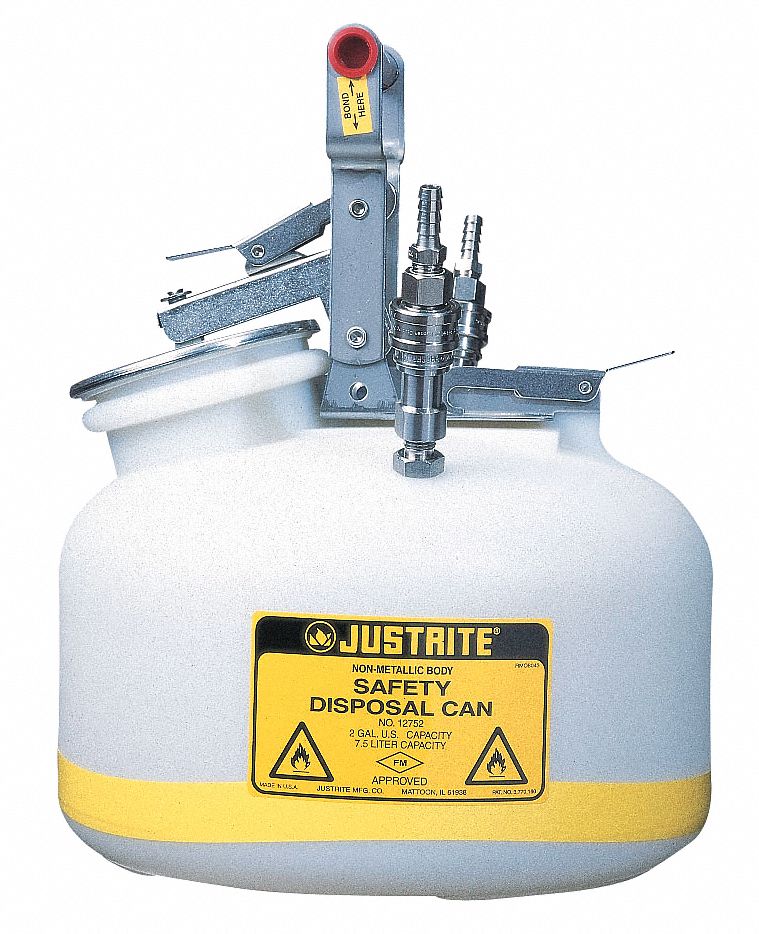 JUSTRITE HPLC WASTE CAN, 2 GAL, WHT, PE/SS, PTFE, 14¾ IN H, 12 IN ...
