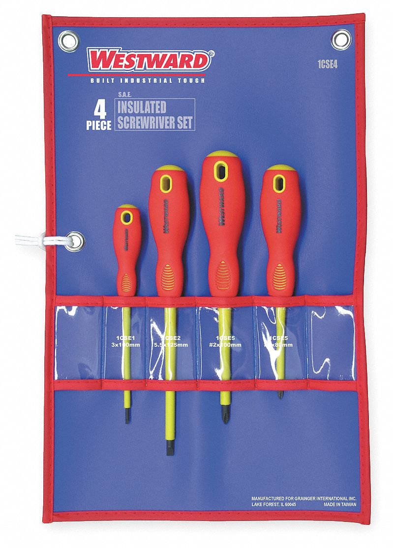 WESTWARD Insulated Screwdriver Set, 1/8 in, 7/32 in, #1, #2, Assorted ...
