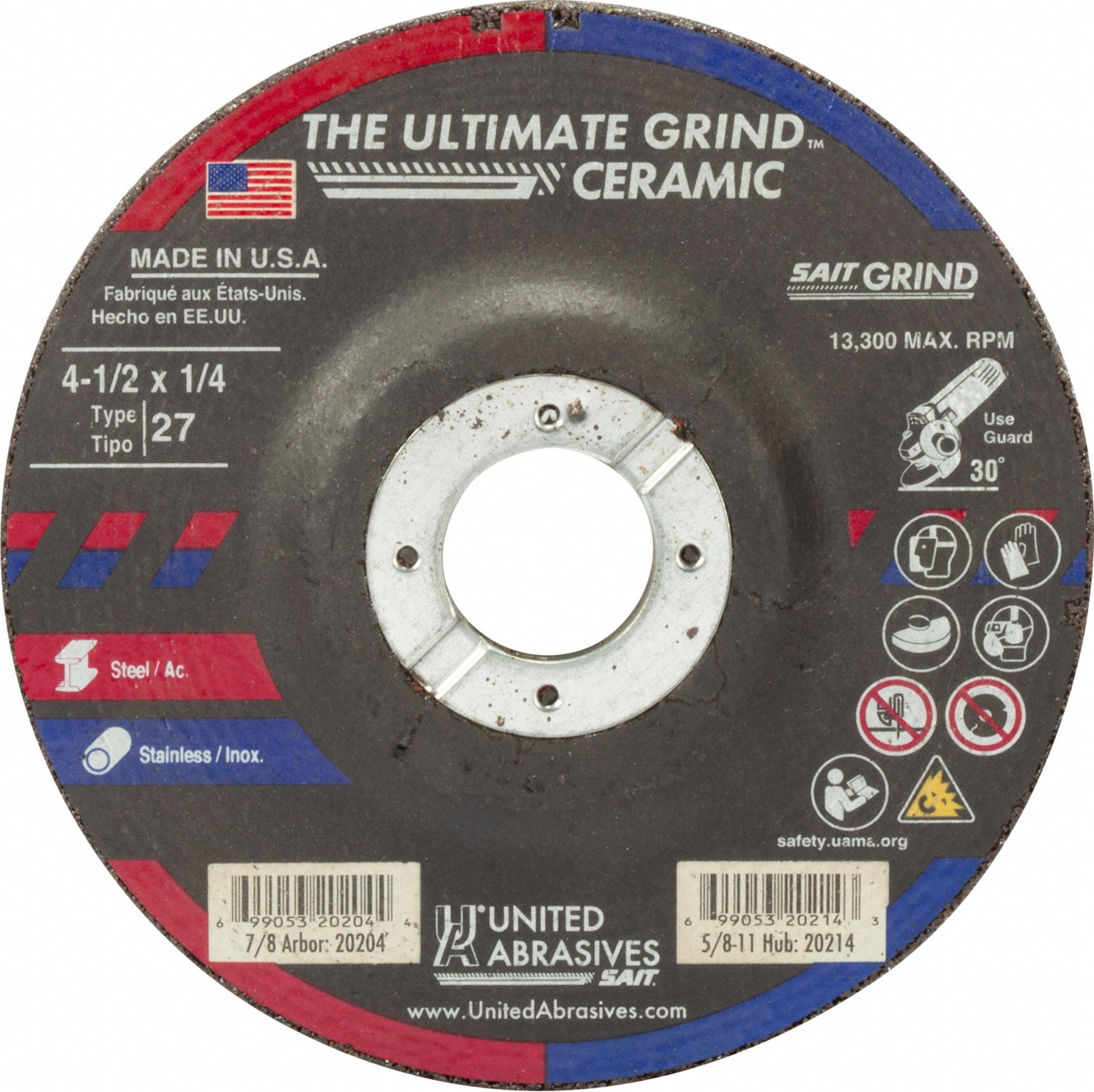 SAIT, Type 27, 4 1/2" x 1/4" x 7/8", Abrasive Grinding Wheel - 808AX0 ...