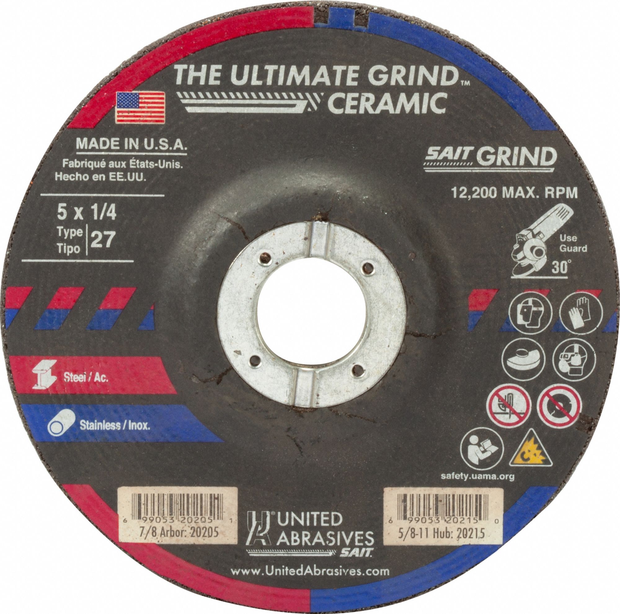 SAIT, Type 27, 5" x 1/4" x 7/8", Abrasive Grinding Wheel - 808AX2|20205 ...