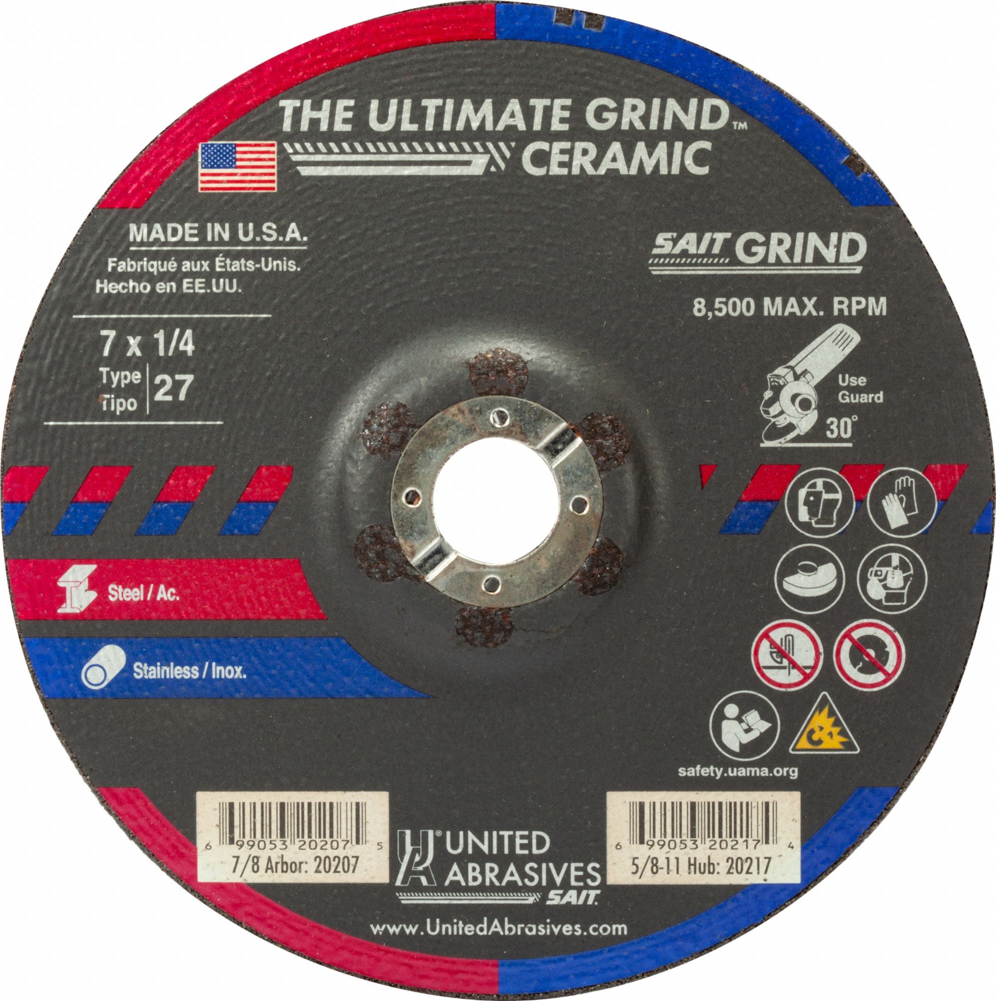 SAIT, Type 27, 7" x 1/4" x 7/8", Abrasive Grinding Wheel - 808AX6|20207 ...